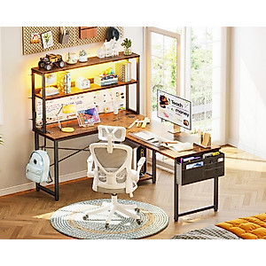 AODK L Shaped Desk Gaming Desk with LED Light & Power Outlet, 53 Inch Reversible L Shaped Computer Desk with Shelf, Corner Desk with Storage Bag&Hook for Home Office Desk, Vintage