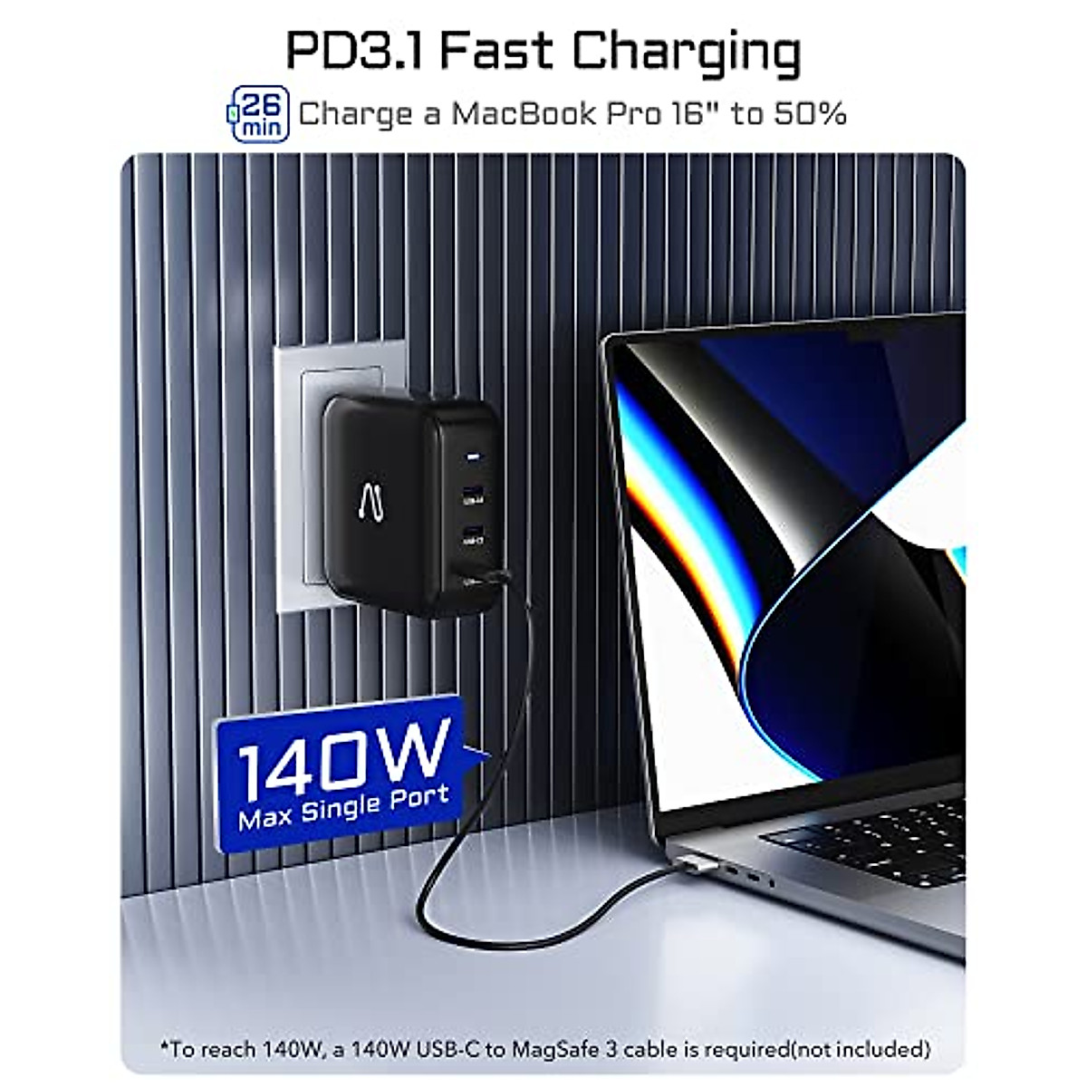 140W USB C Charger, PD3.1 GaN 3Port Type C Wall Charger Fast Charging Station Adapter, PD 100W PPS Charger Block for MacBook Pro 16"/Air, iPhone 14 Pro Max, Galaxy S22/S21,Tablet,Laptop-Black