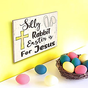 JennyGems Easter Decorations for the Home, Silly Rabbit Easter Is for Jesus Sign, Farmhouse Easter Decor, 7.25 x 6 Wooden Sign, Made in USA