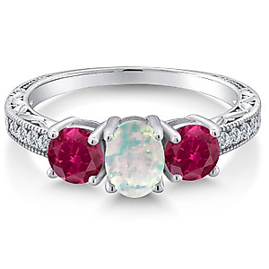 Gem Stone King 925 Sterling Silver Oval Cabochon White Simulated Opal and Red Created Ruby Ring For Women (1.95 Cttw, Available 5,6,7,8,9) (Size 7)