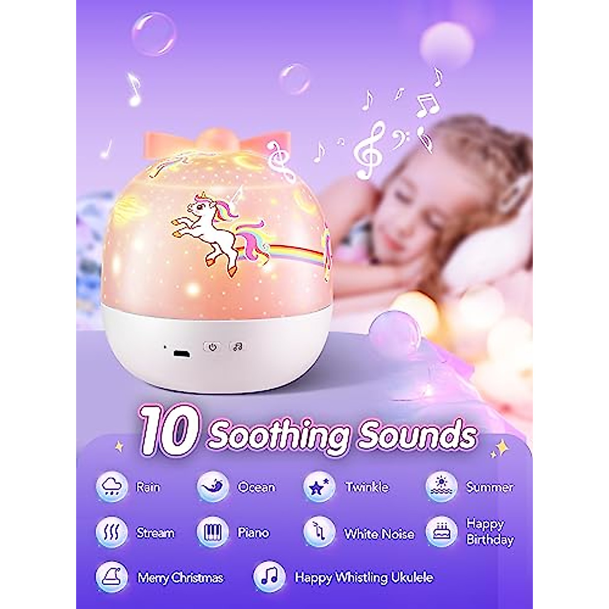 PIKOY Night Light, 6 Films 72 Modes Unicorn Projector Kids Room,Sound Machine Baby, 360° Rotation Lights Bedroom,Kawaii Gifts Girls