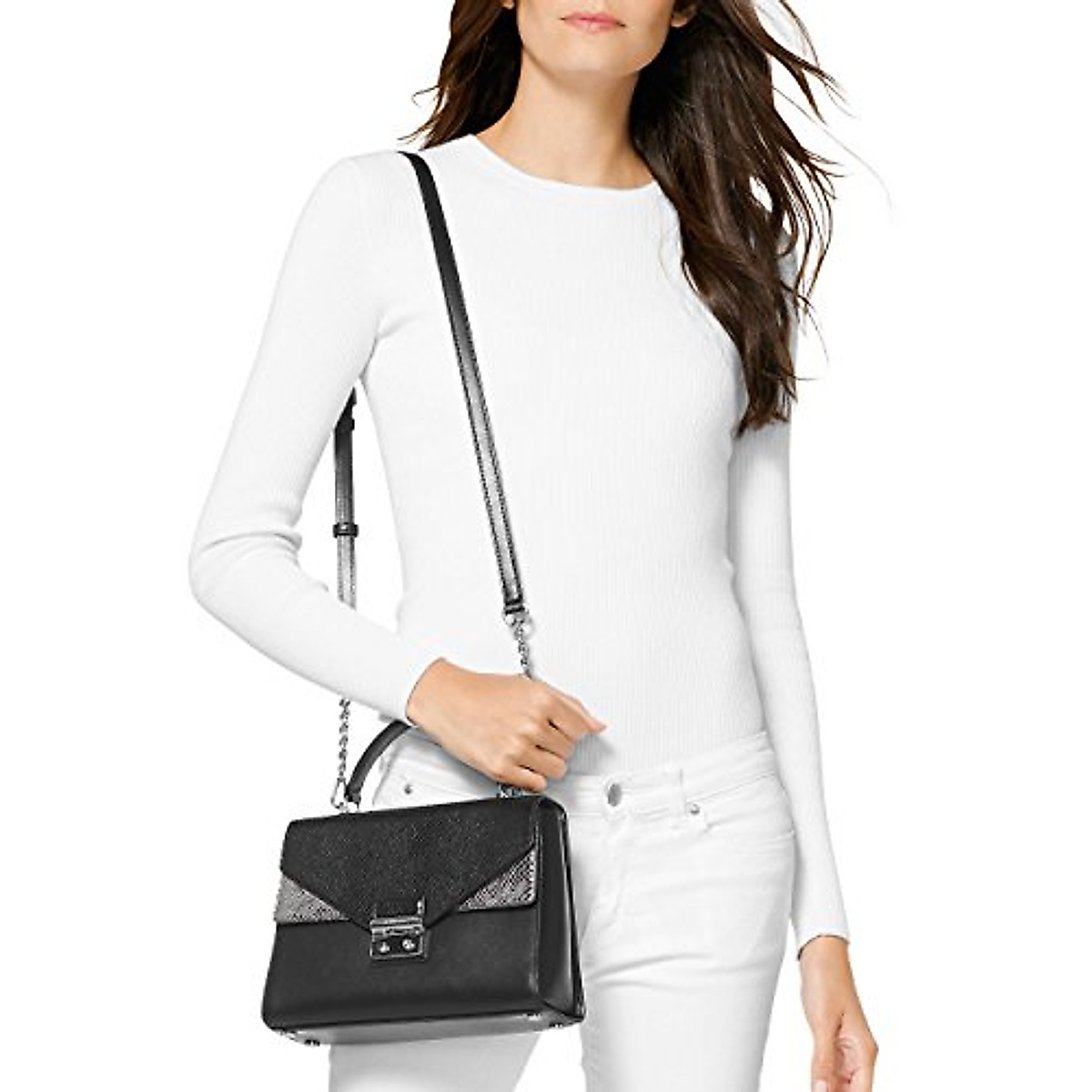 MICHAEL Michael Kors Sloan Embossed Leather Top Handle Satchel, Black Pewter