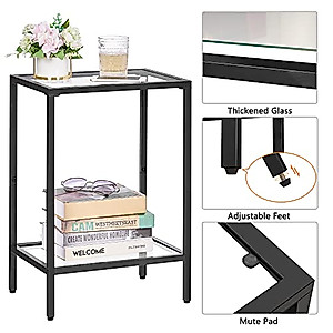 HOMSHO Side Tables Set of 2, End Tables with Tempered Glass, 2-Tier Nightstands with Storage Shelves, Slim Sofa Table for Living Room, Bedroom (2, Black)