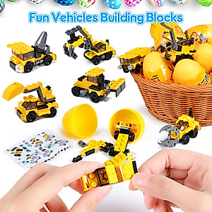 EZIGO Easter Eggs Fillers with Construction Vehicles Building Blocks, 12 Pack Bulk Toy, Basket Stuffers Easter Party Favors Supplies Classroom Prize Easter Hunts Gift for Kids
