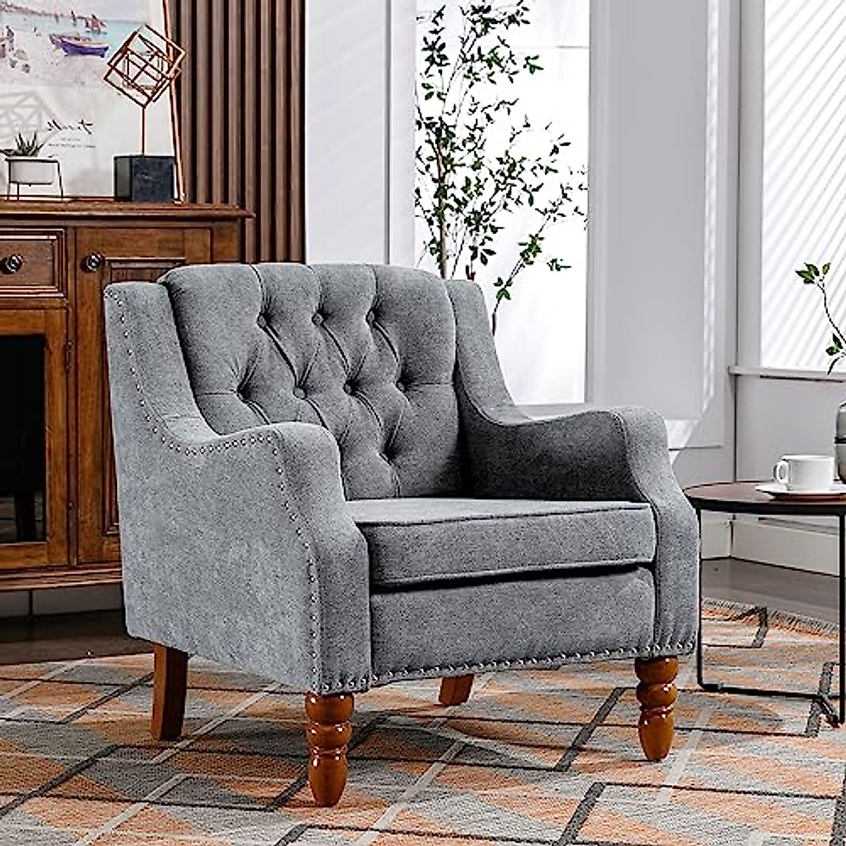 GIA Home Furniture Series Polyester Linen Armchair with Button Tufted Upholstered Accent Chair for Living Room, Reading, Bedroom, Gray