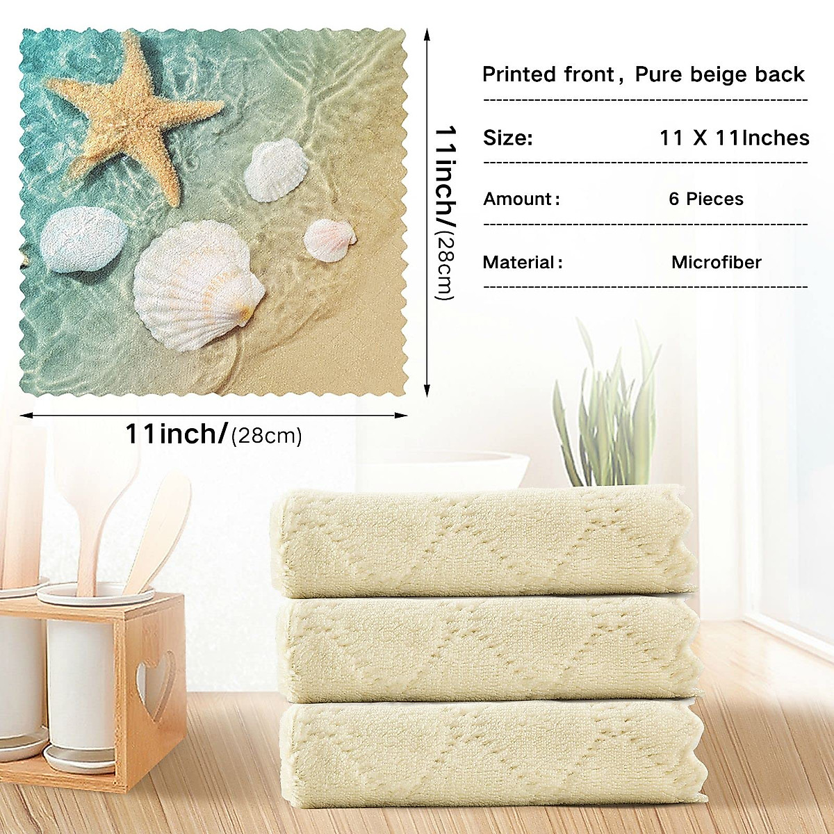 SUABO Seashell Starfish Kitchen Dishcloths, 6 Pack Dish Towels Quick Drying Tea Towels Absorbent Cleaning Towels Tableware Towel for Kitchen Bathroom