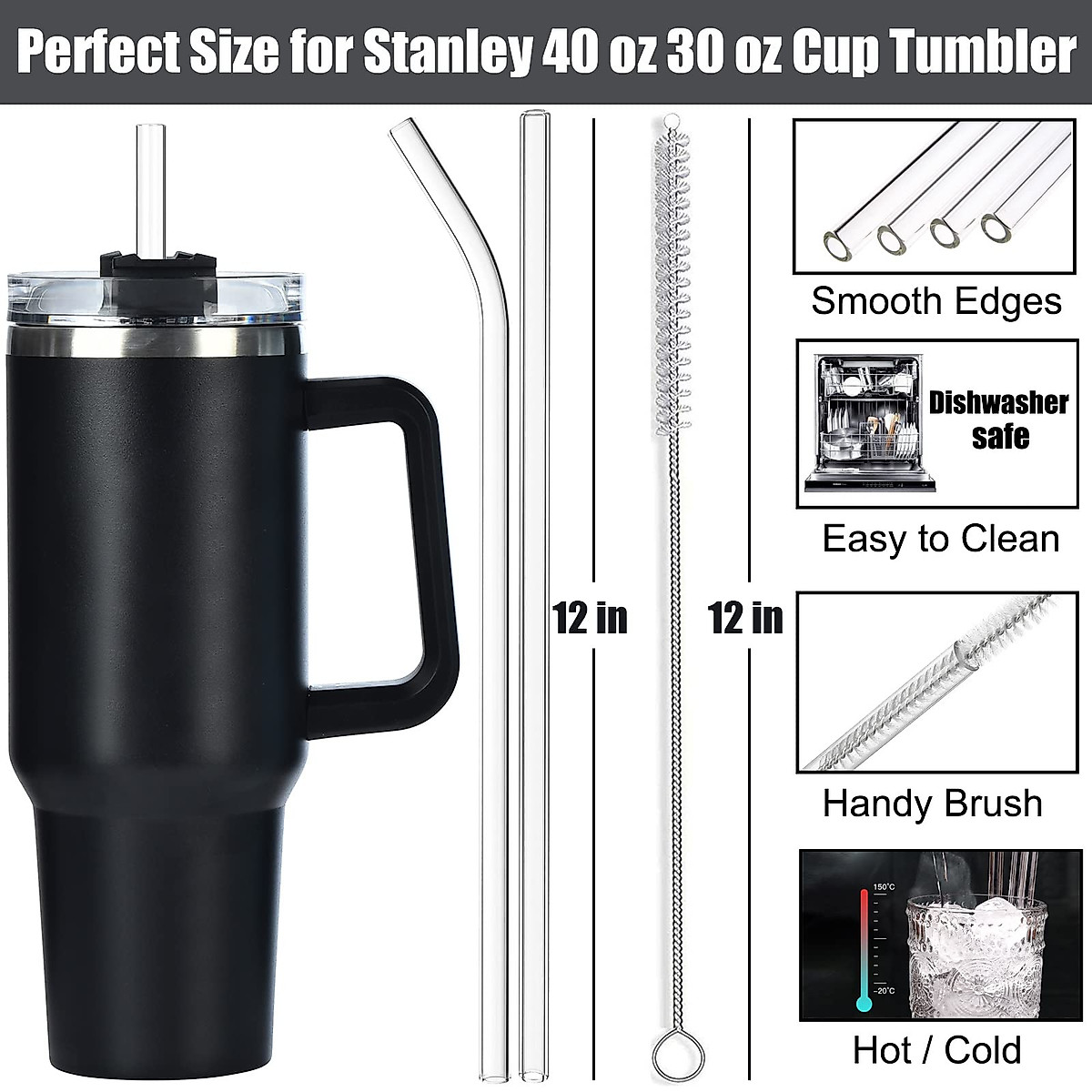 ALINK 8 Pack Replacement Glass Straws for Stanley 40 oz 30 oz Tumbler, 12 in Long Reusable Clear Straws for Stanley Cup Accessories, Half Gallon Jug, Plus 2 Cleaning Brush