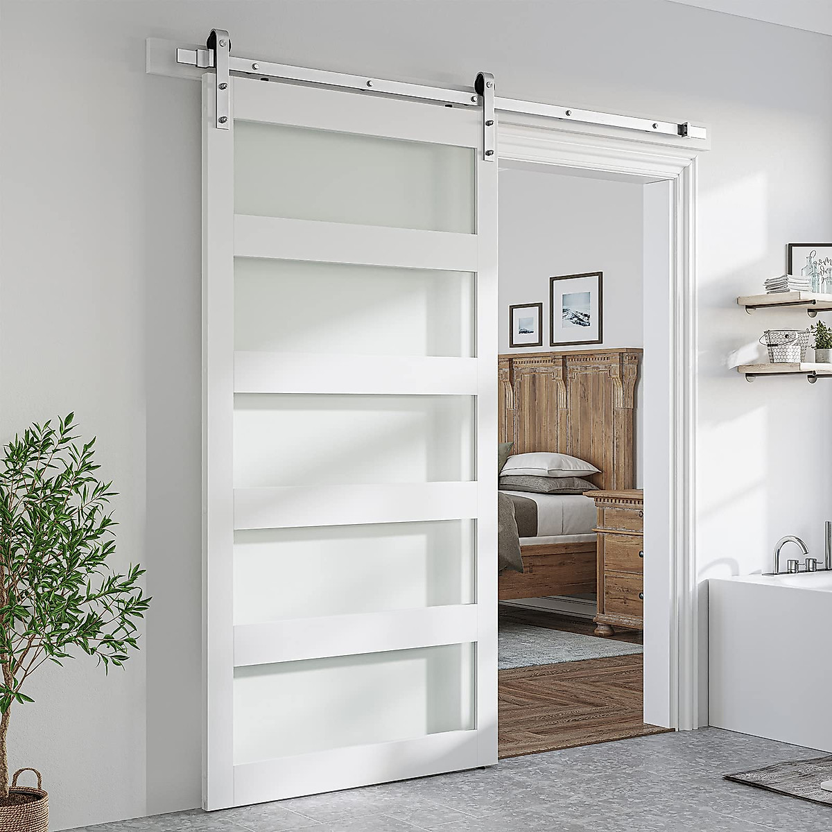 SmartStandard 42 x 84 inch Glass Barn Door with 7FT Brushed Nickel Sliding Hardware Track Kit, Waterproof PVC Coating, White, 5-Panel Glass