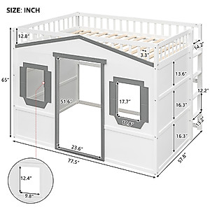 Harper & Bright Designs Full Size House Loft Bed for Kids, Wood Full Loft Bed with Door and Windows House Design, Playhouse Bed Full with Underbed Space for Girls Boys Bedroom, White +Grey