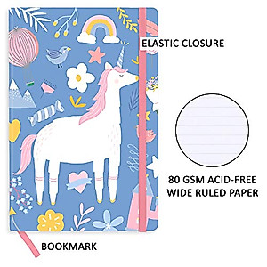 RICCO BELLO Wide Ruled Hardcover Diary Journal Notebook for Kids, Tweens - Bookmark, 5.7 x 8.4 Inches,192 Pages, (Blue Unicorn)