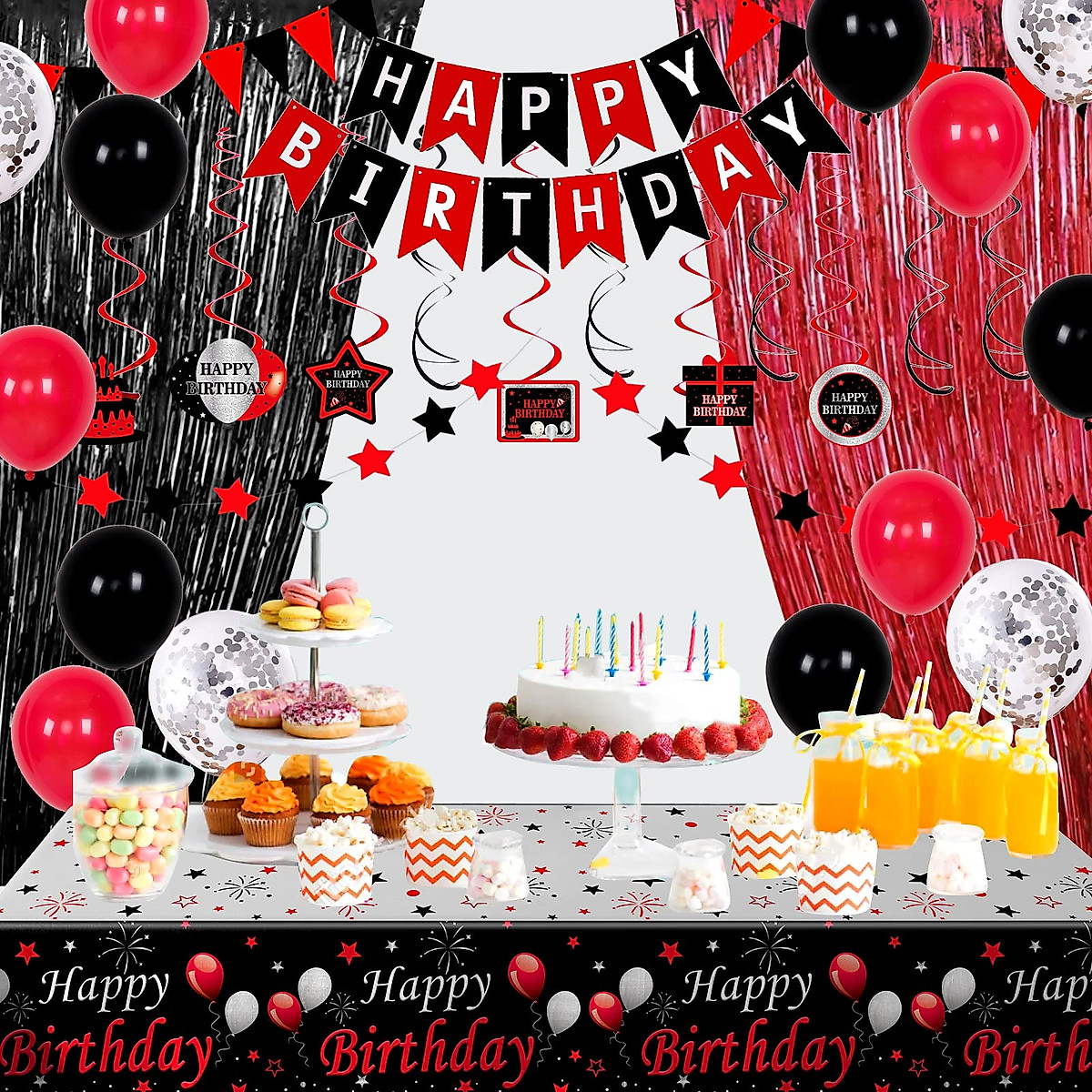 Red and Black Birthday Decorations for Men Women, Happy Birthday Party Decorations for Boys Girls with Happy Birthday Banner Tablecloth Foil Fringe Curtains Hanging Swirls Decor Black and Red Party