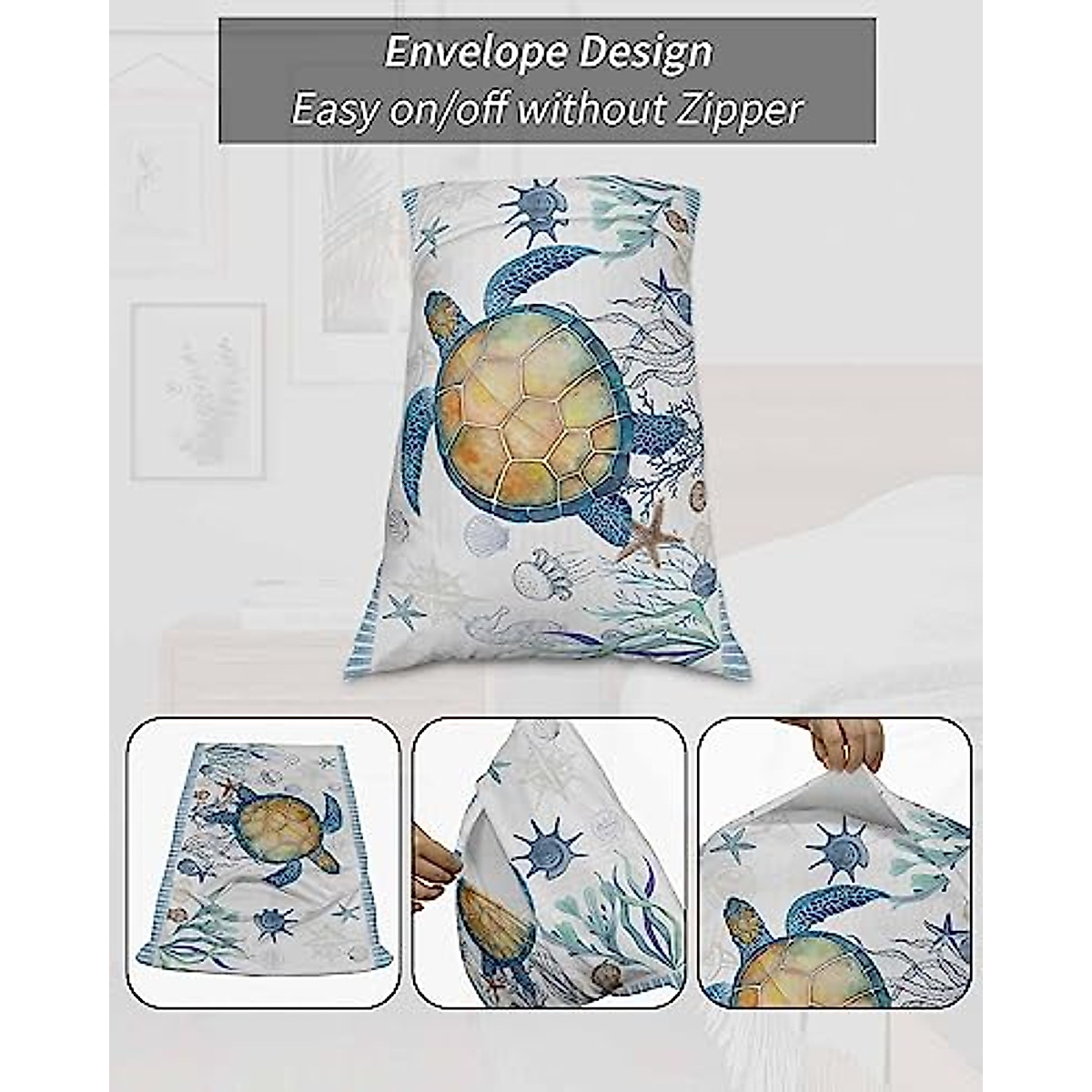 Edwiinsa Ocean Turtle Pillow Covers Standard Size Set of 2 20x26 Bed Pillow, Beach Nautical Coastal Blue Starfish Shell Coral Plush Soft Comfort for Hair/Skin Cooling Pillowcases with Envelop Closure