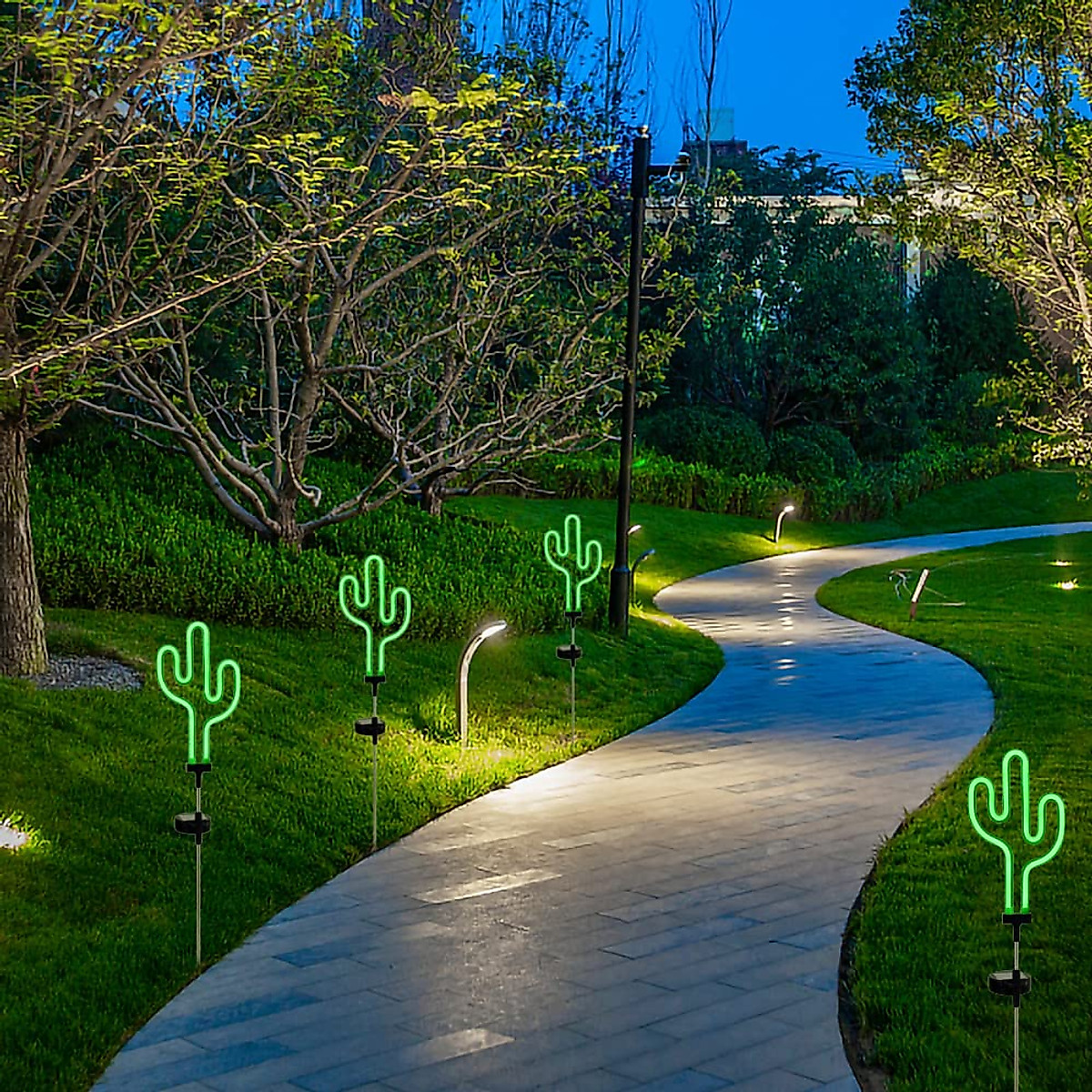 SVEIKS Solar Cactus Garden Stake Lights, Green Cacti Lighting Solar Pathway Lights Outdoor Waterproof LED Neon Strip for Courtyard Patio Lawn Flowerbed Landscape, 30" Tall (2 Pack)