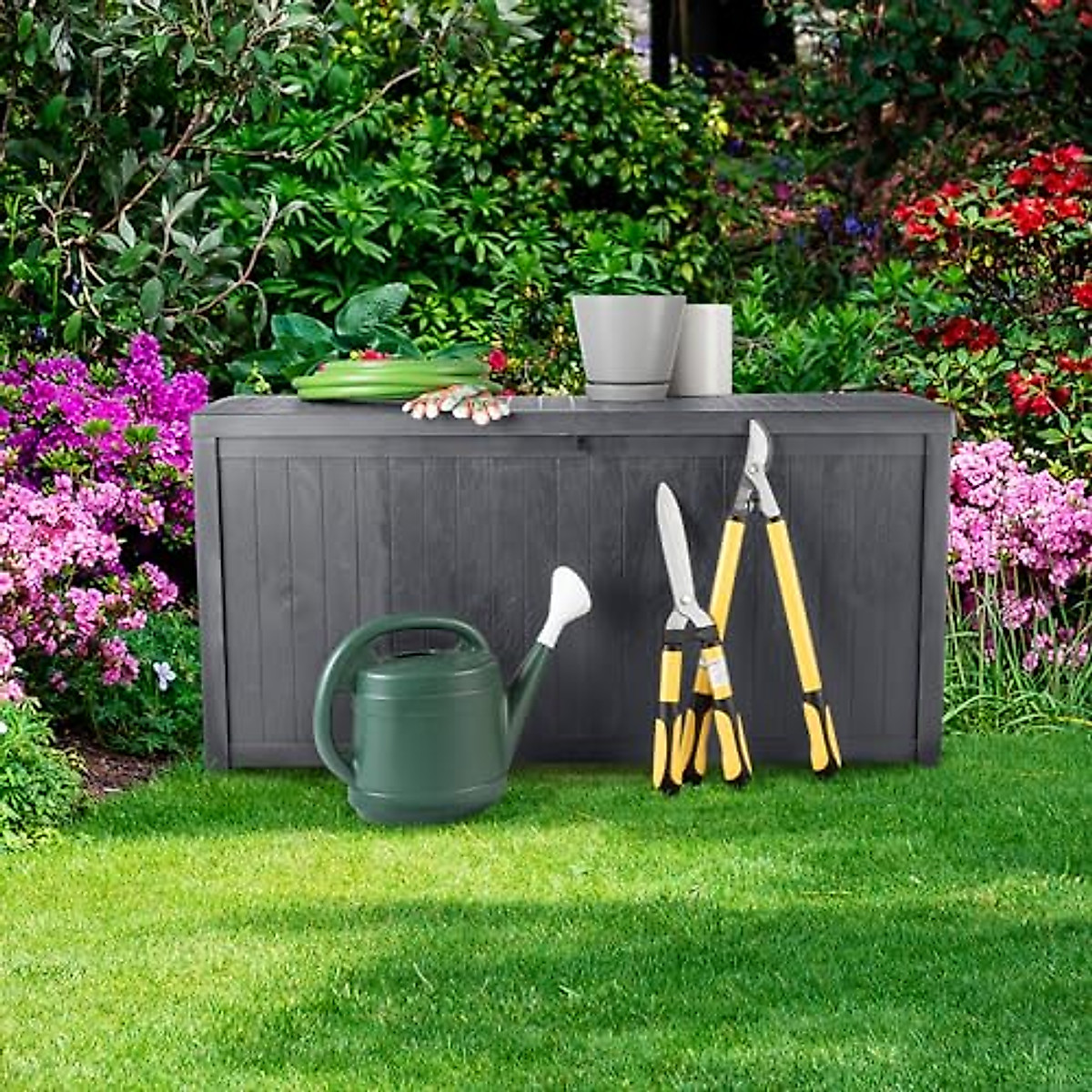 Pure Garden Storage Box - 113Gal Waterproof Box for Patio or Pool Storage - Durable and Fade-Resistant Resin Deck Box with Lockable Design (Gray)