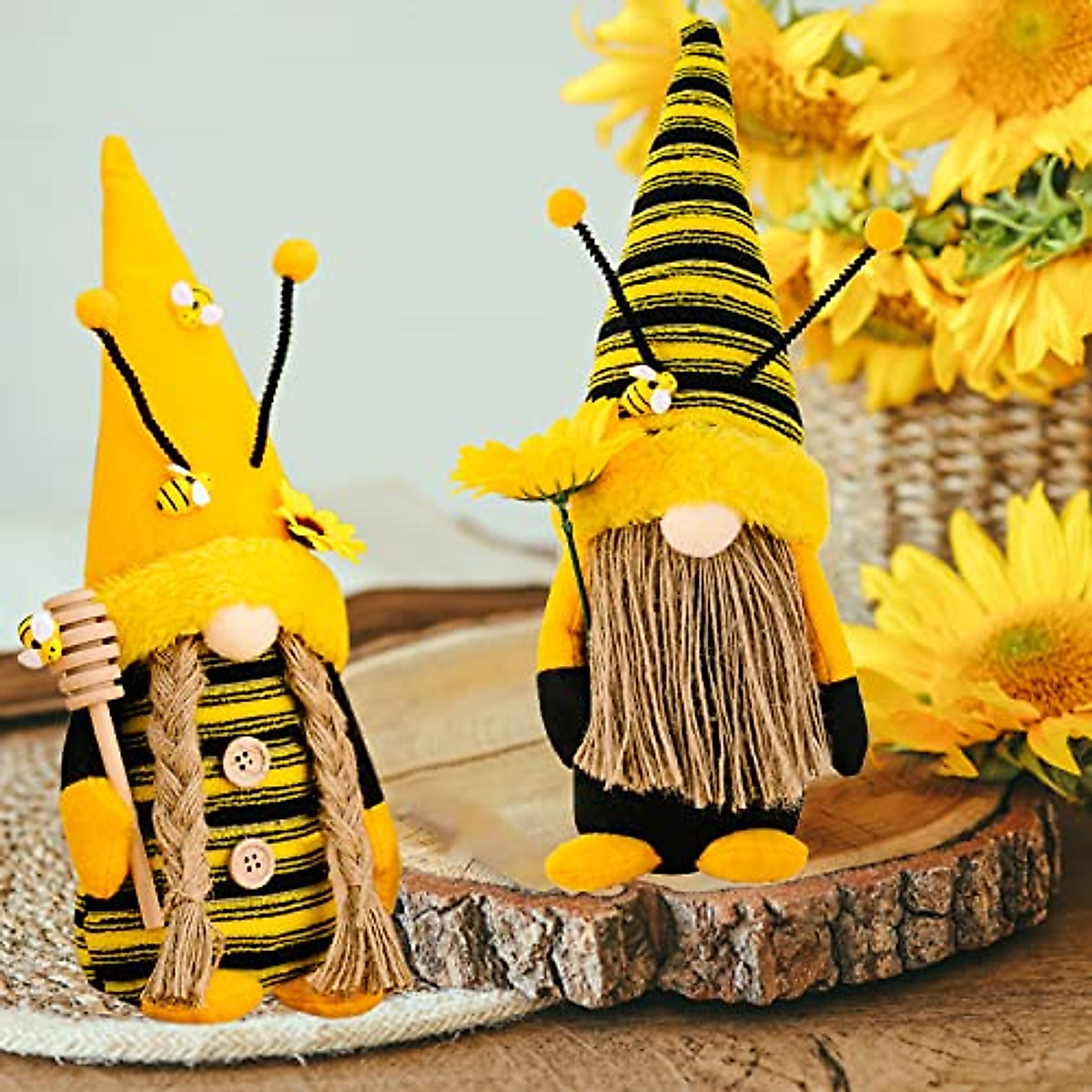 ZTML MS 2Pcs Bumble Bee Gnomes Plush Decor,Handmade Summer Gnomes Sunflower Gnomes Decor, Mr and Mrs Honeybee Gnomes Plush Tomte Elf World Bee Day Decor Tiered Tray Decor