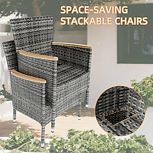 JAMFLY 5 Pieces Outdoor Patio Dining Set, Wicker Patio Furniture Set with Wood Table and 4 Chairs with Soft Cushions for Yard, Garden, Porch and Poolside (Grey)