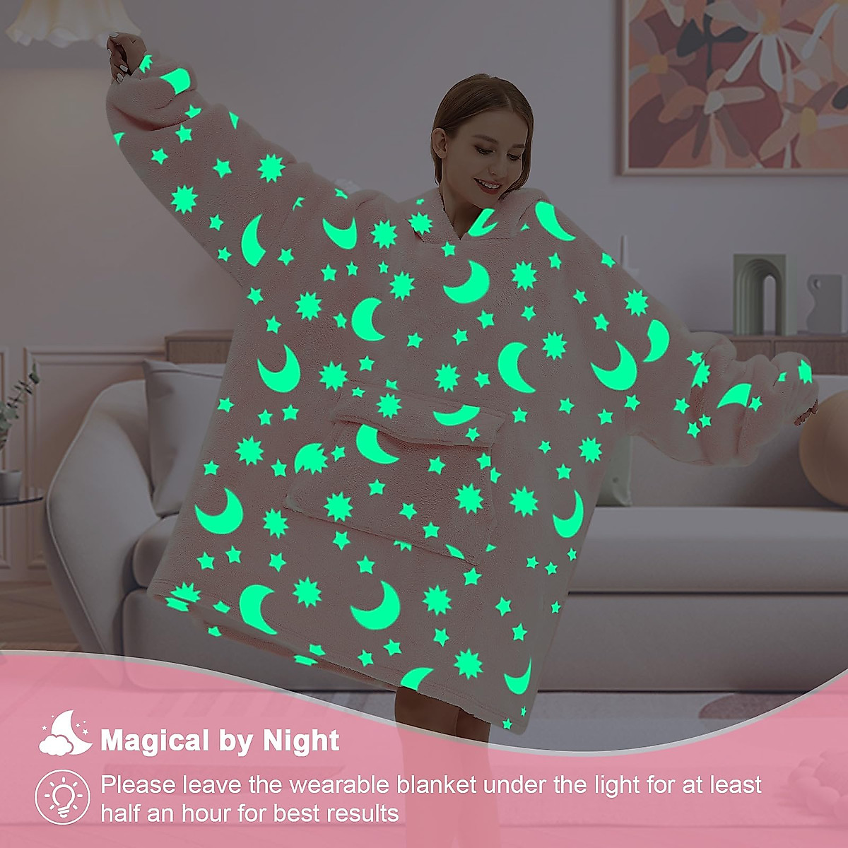 Glow in The Dark Wearable Blanket Hoodie for Adult,Oversized Sherpa Fleece Blanket Hoodie for Women Men,Luminous Moon and Stars