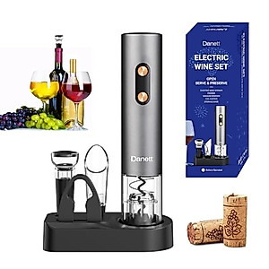 Danett Automatic Electric Wine Opener Gift Set 5in1, Electric Wine Bottle Corkscrew+Foil Cutter+Pourer+Vacuum Stoppers+Base,AL alloy body+Rose gold Buttons Anti-fingerprint,Blue Light Bin-Grey