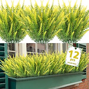 ZEOSTARO Artificial Lavender Flowers 12 Bundles Outdoor UV Resistant Fake Flowers No Fade Faux Plastic Plants Garden Porch Window Box Decorating (Yellow)