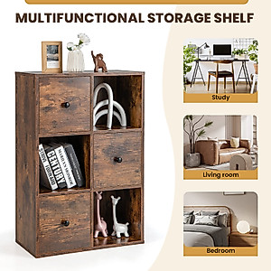 IFANNY 6 Cube Bookcase, 3 Tier Bookshelf with Drawers, Wood Storage Shelves, Modern Display Shelf, Cubical Book Cases, Small Book Shelf for Bedroom, Living Room, Home Office (Rustic Brown)