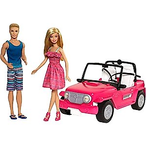 Barbie Car Beach Cruiser with Doll in Sundress and Ken Outfit, Pink 2-Seater Open Toy