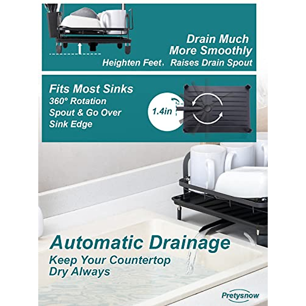 pretysnow Dish Drying Rack with Drainboard - 2 Tier Dish Racks for Kitchen Counter, Large Dishes Drainer with Auto Drainage, Carbon Steel Disk Strainer Set, Black