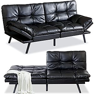 Opoiar Futon Sofa Bed,Faux Leather Convertible Sofa Bed,2 Seater Sofa Couch,Futon Couch,Memory Foam Sleeper Sofa with Quick Adjustable Armrest & Backrest for Compact Living Spaces,Black