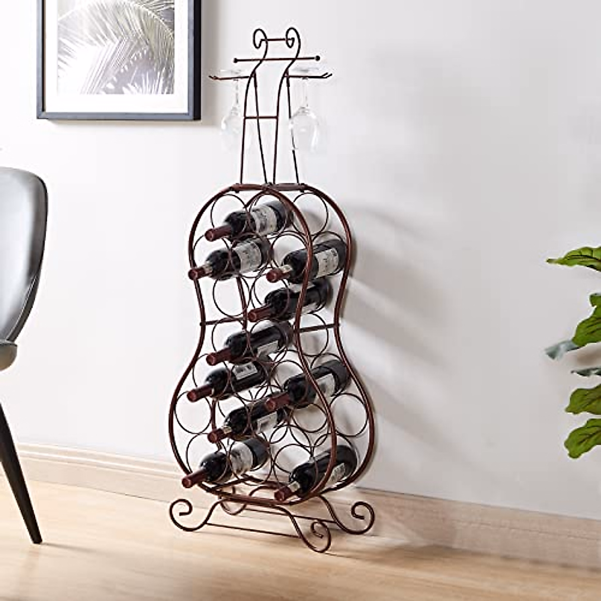 Kings Brand Furniture - Cello-Shaped Metal Standing Wine Rack, 19 Bottles with Wine Glass Holder, Bronze