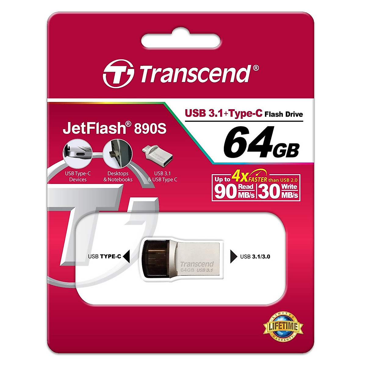 Transcend 64GB JetFlash 890S OTG Flash Drive with USB3.1 and USB Type-C Connectors