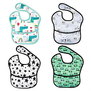 Baby Waterproof Adjustable Smock Bib for Feeding with Crumb Catcher Pocket, Sleeveless Plastic Eating Weaning Bib Set for Infants and Toddlers (4 Packs, 6-36 Months)
