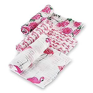 LollyBanks Swaddle Blanket | 100% Muslin Cotton | Newborn and Baby Nursery Essentials for Girls, Registry | Flamingo and Flower 3 Pack