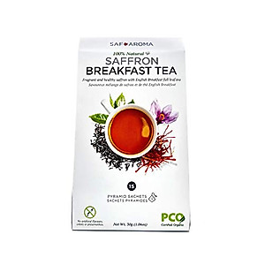 Safaroma Saffron Breakfast Tea - Freshly Harvested Containing Premium Red Saffron Threads - Organic Black Tea Eco-Conscious Sachets