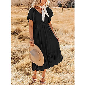 LILLUSORY Black Maxi Dresses for Women Summer Long Trendy Casual Flowy Funeral Short Flutter Sleeve Dress with Pockets