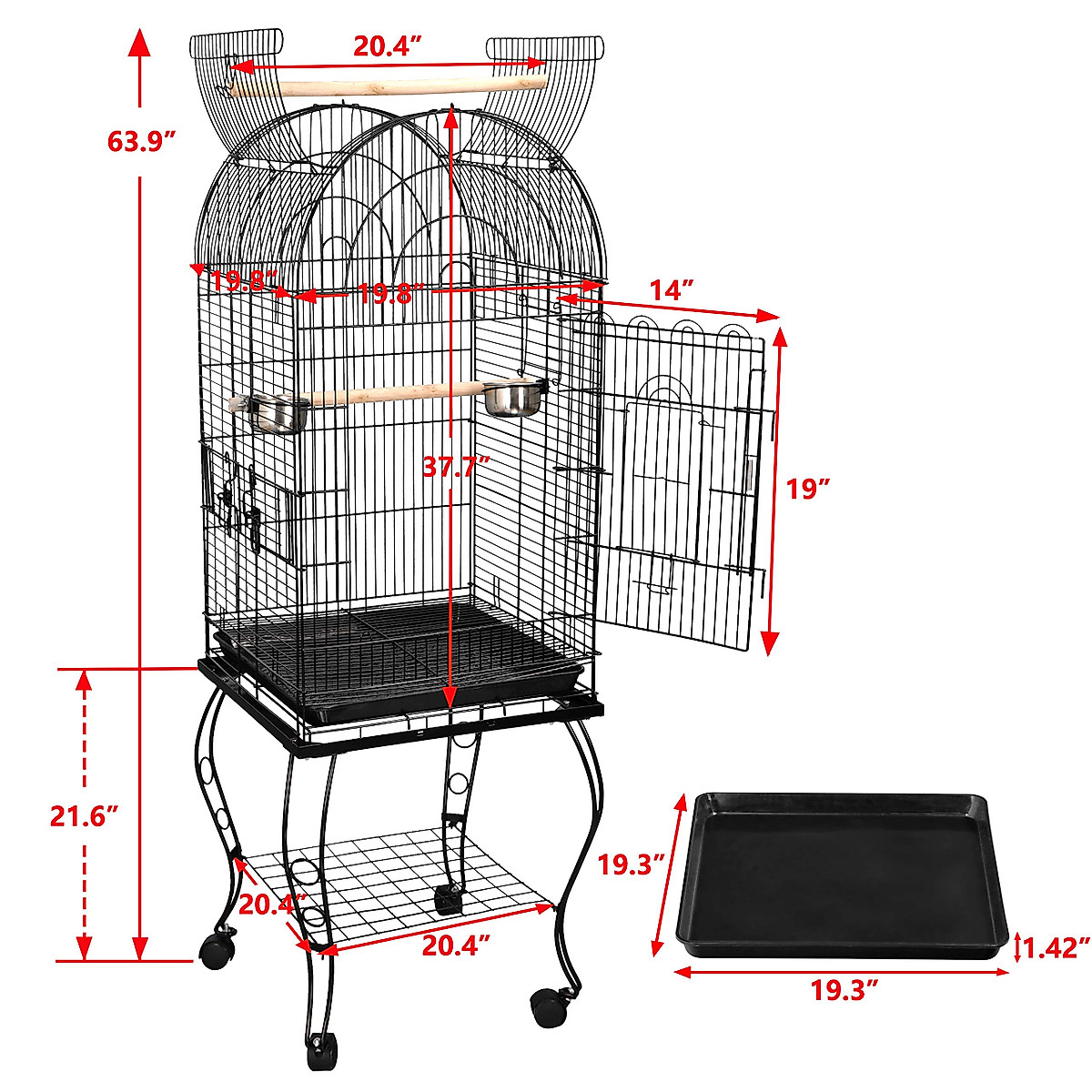 63.5 Inches Medium Bird Cage Open Top Parrot Cage with Detachable Stand, Rolling Wheels Lovebird Cockatiel Quaker Sun Parakeet Green-Cheek Conure Cage