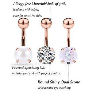 Vsnnsns 14G Belly Button Rings Flower Belly Rings for Women Stainless Steel Opal Belly Piercing Jewelry Surgical Steel Belly Button Rings Curved Navel Ring Barbell CZ Body Jewelry Piercing Rose Gold