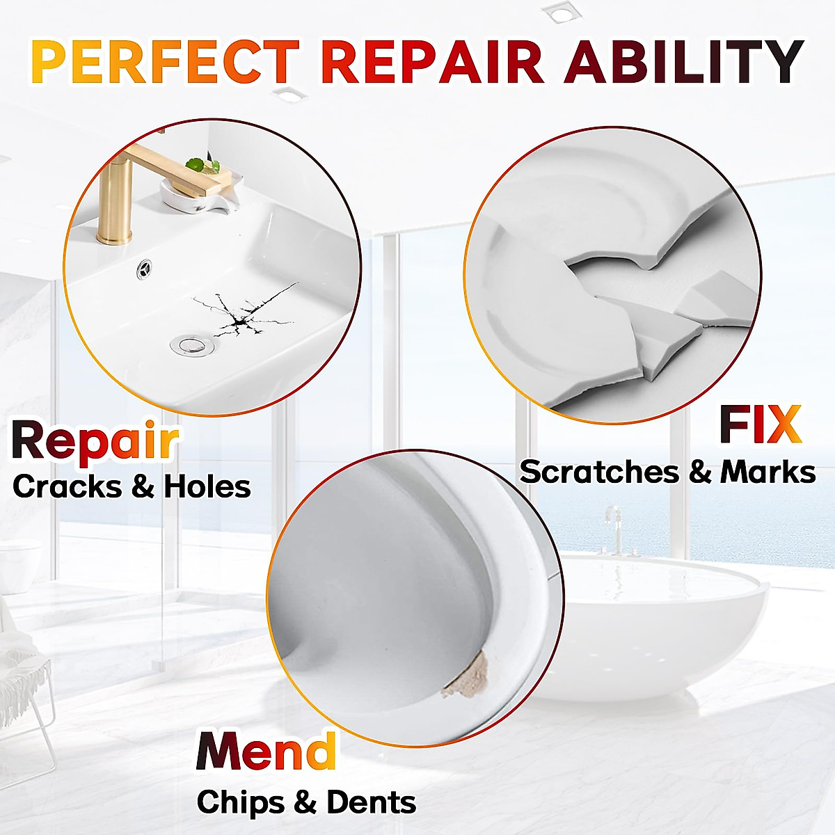Porcelain Repair Kit, Fiberglass Tub and Tile Repair Kit Quick Repair Bathtub, Ceramic, Toilet, Tray, Resin, Marble Shower Sink, Acrylic Quartz, Super Adhesion to Fix Cracks Chips and Dents (White)