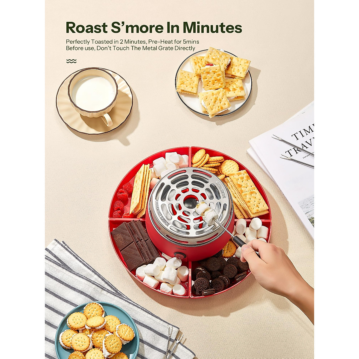 S'mores Maker Tabletop Indoor, Reemix Flameless Electric Marshmallow Roaster with 4 Detachable Trays & 6 Roasting Forks, Date Night Fun Kids Family Activity, Red