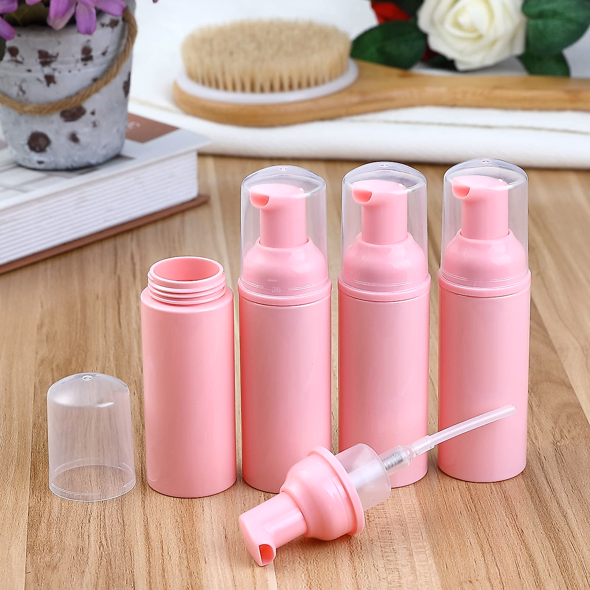 35 pcs 2oz (60ml) Foam Soap Dispensers Mini Plastic Refillable Travel Bottles with Pump for Hand Sanitizer Lash Shampoo Castile Liquid Pink