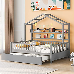 P PURLOVE Full Size House Bed Frame with Trundle,Montessori Bed Frame for Kids,Kids House Bed Frame with Shelf for,Full Size Daybed with Trundle with Slat,No Box Spring Need,Gray