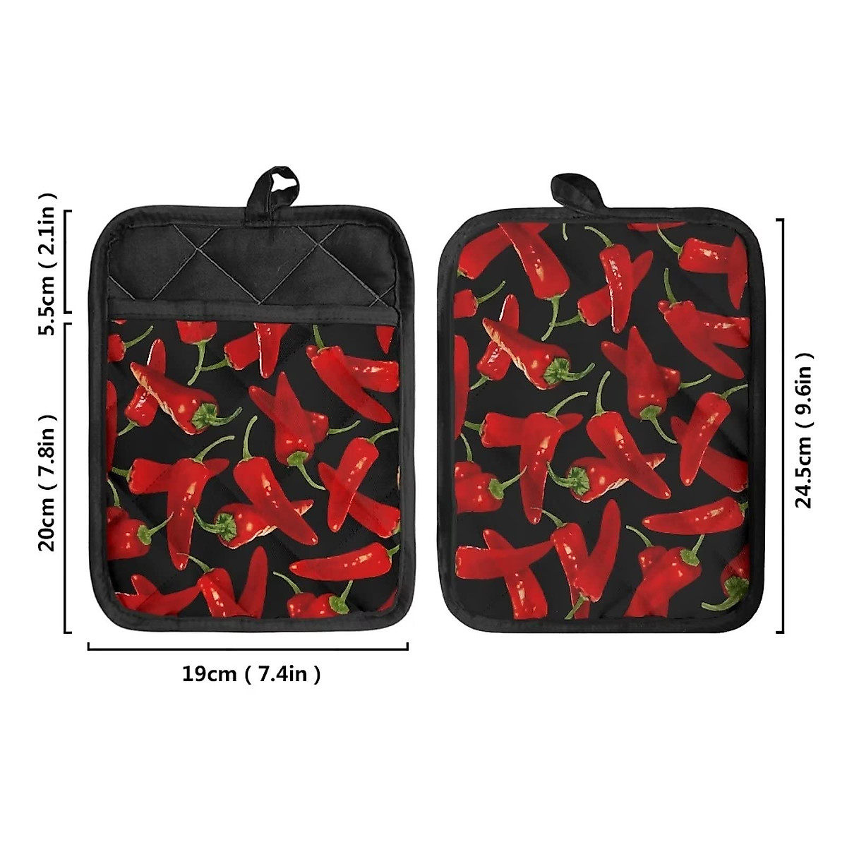 WELLFLYHOM Red Chili Hot Pads for Kitchen Set of 2 Pot Holders with Pocket Pepper Graphic Cotton Potholders Women Men Cooking Baking Microwave Machine Washable Oven Mitts