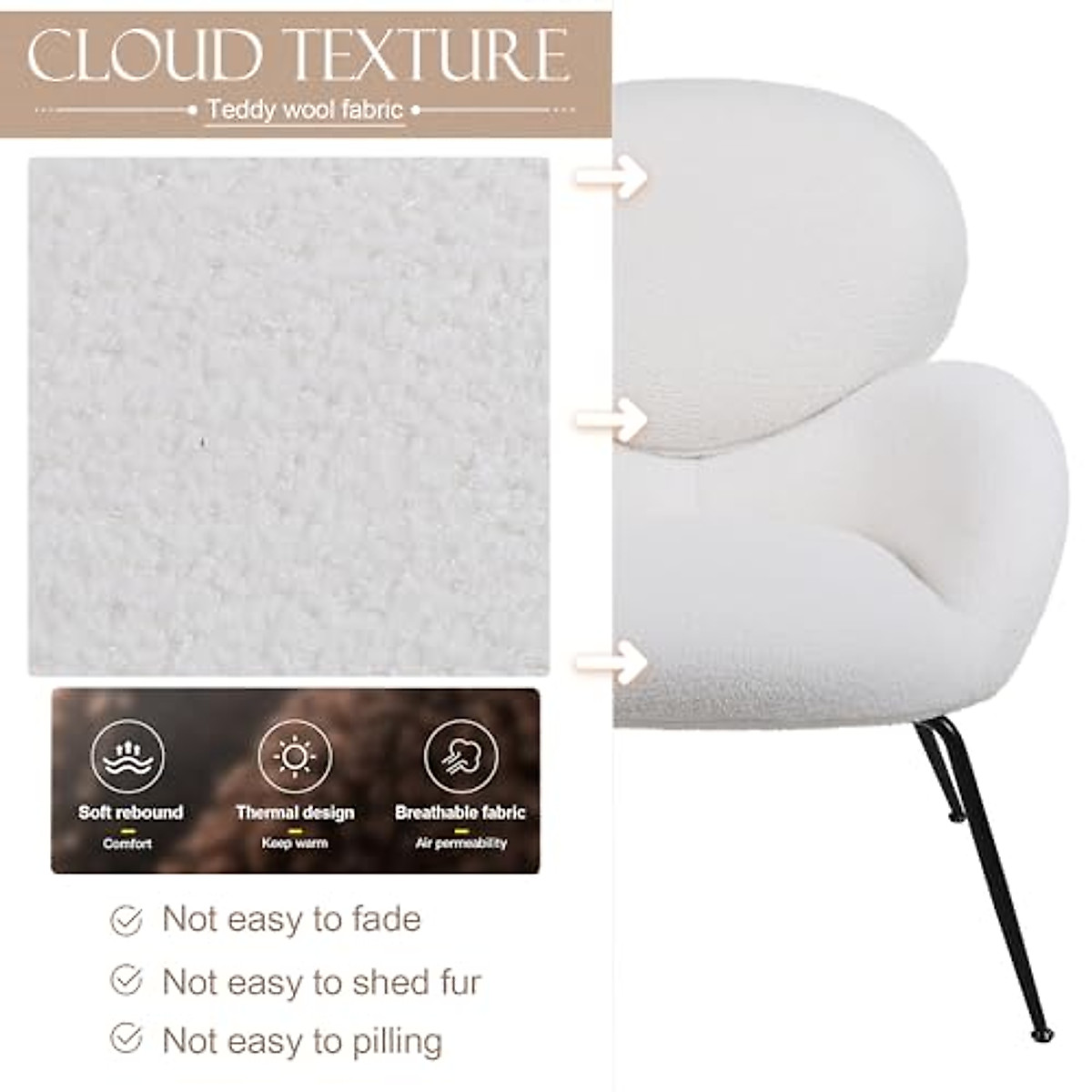 Aimerive Accent Chair, Living Room Teddy Chair Fabric, Modern Upholstered Sherpa Chair with Black Metal Legs, Accent Armchair with Backrest,Comfy Reading Chair for Bedroom,Relaxing,White