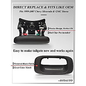 SYOAUTO Tailgate Handle Latch and Bezel Trim with Rod Clips Fits for 1999-2007 Chevy Silverado GMC Sierra 1500 2500 3500 Black Textured Replaces# 15997911, 15228539, 15228541, 15228540