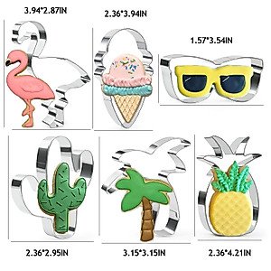 Crethinkaty 6 Pieces Summer Cookie Cutters Set for Baking - Flamingo,Palm Tree,Pineapple,Ice Cream,Cactus and Glasses Shape Stainless Steel Aroma Beads Biscuit/Pastry Cutter