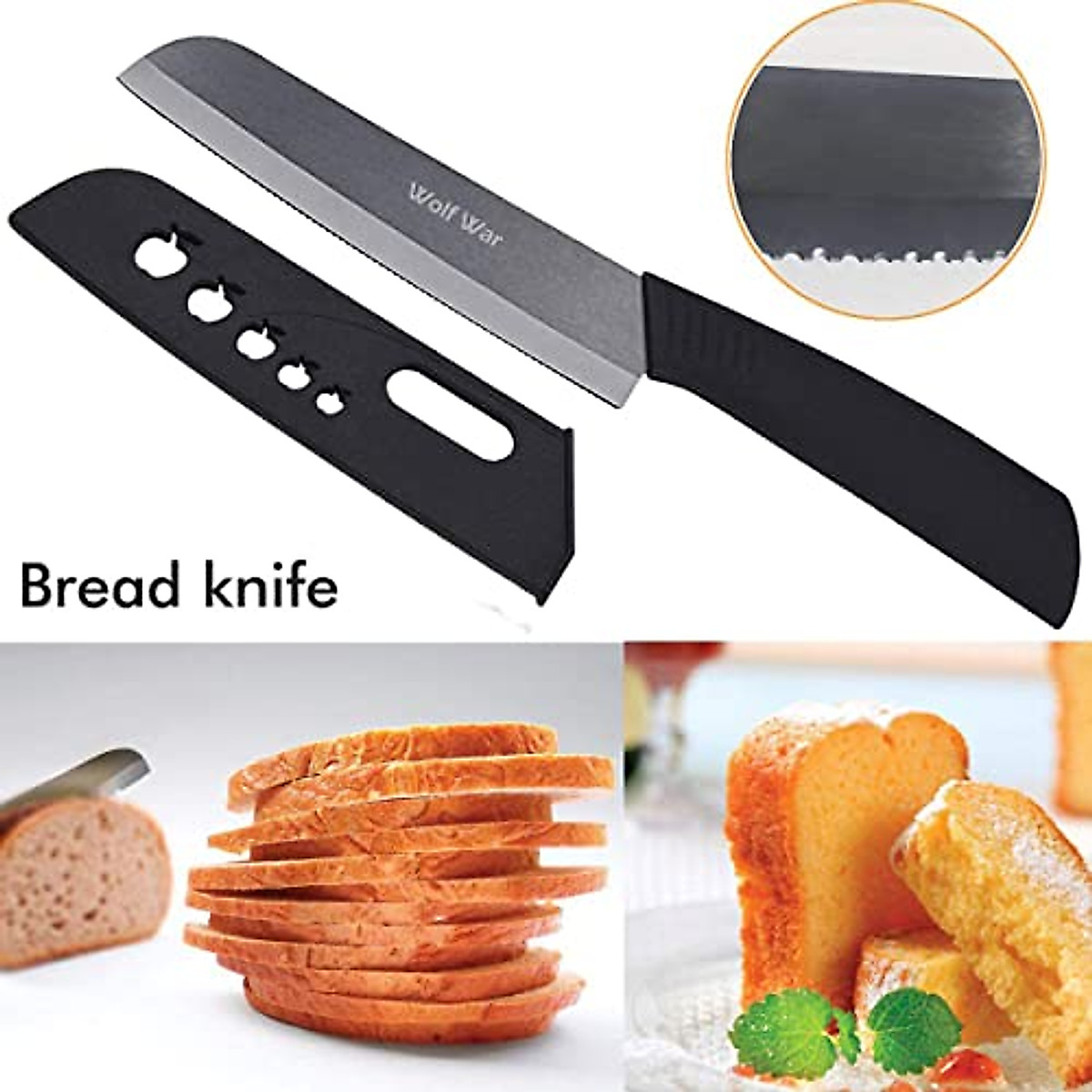 Kitchen Ceramic Knife Set Professional Knife With Sheaths, Super Sharp Rust Proof Stain Resistant (6" Chef Knife, 6" Bread Knife, One Peeler)
