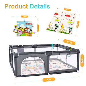 JHTOPJH Baby Playpen Set, Playpen with Collapsible Baby Play Mat, Indoor Baby Play Yard with 50pcs Pit Ball, Baby Play Pen with Soft Baby Book,Anti-Fall Playpen for Toddler(Gray)