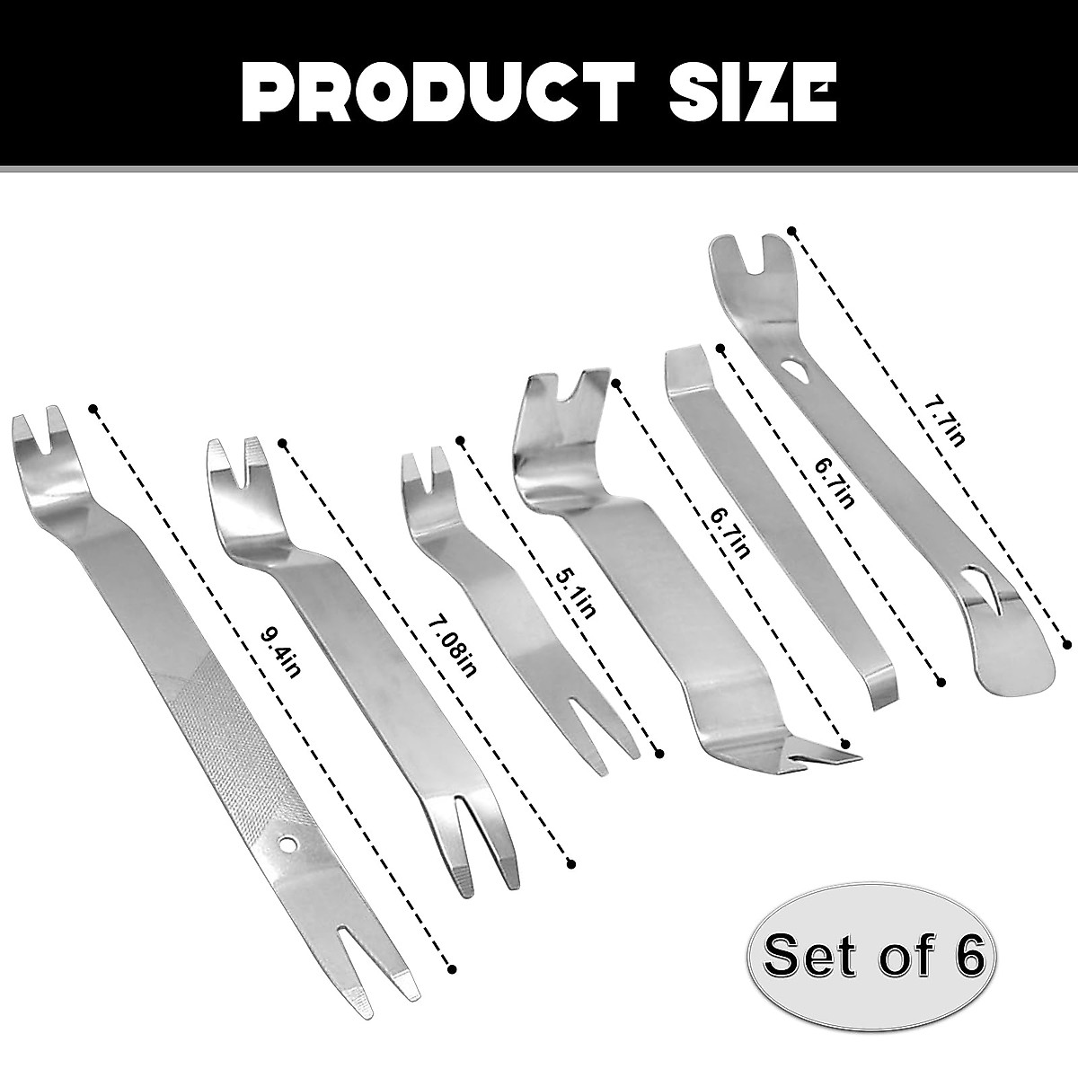 6pcs Metal Trim Removal Tool, Auto Fastener Remover Set Pry Tool Kit, Stainless Steel Universal Clip Pry Tools for Car Door Panel Audio Stereo Fastener Remover, Interior Exterior Trim Tools