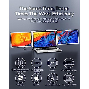 YUTOO 14" Triple Monitor for Laptop, [Only 1 Cable to Connect][16:10], FHD 1200P IPS Display, Laptop Monitor Screen Extender, for Windows, MacOS for 15”-17.3” Laptop