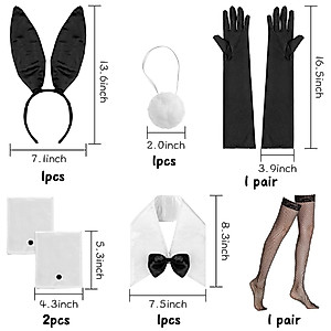 VERSRH 7pcs Bunny Costume Accessories for Women Set of Bunny Ears Headband Tail Bow Tie Arm Cuffs Black Gloves Fishnet Stockings, Rabbit Outfit Costumes, Black, White