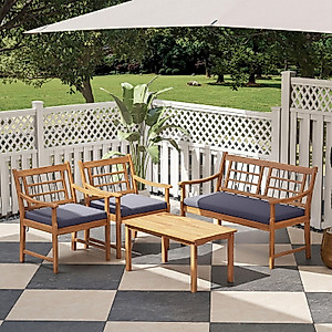RELAX4LIFE Wood Patio Furniture Set - 4-Piece Outdoor Furniture w/Seat Cushions & Coffee Table, Loveseat Sofa Set for Balcony Porch Deck Poolside Backyard, Acacia Wood Conversation Set (Grey)