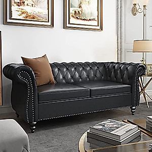 3 Piece Living Room Set, Chesterfield Leather Sofa Loveseat Couch Chair with Scroll Arms and Nailhead for Living Room, Office (Black)